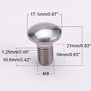 Yinpecly 20Pcs Carriage Bolts M8×16mm Round Head Square Neck Bolt Fasteners 304 Stainless Steel 1.25mm Pitch Silver Tone