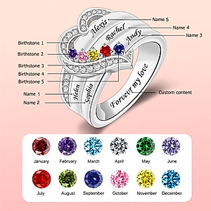 MissNaNa Personalized Mothers Rings with Simulated Birthstones Engraved 1-8 Family Names Mother's Day Rings Custom Love Heart Family Rings for Women (5 birthstone)