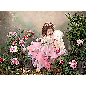 DIY 5D Full Drill Little Angel Girl & Pink Roses Square Diamond Painting by Number Kits for Adults & Kids White Wing Crystal Rhinestone Cross Stitch for Wall Decoration Gift 40x30cm/15.8x11.8in