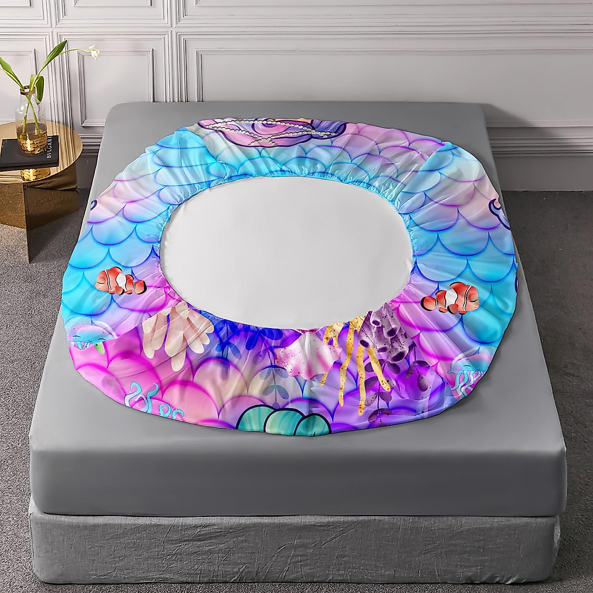 AILONEN Mermaid Fitted Sheet for Kids Girls Twin Size, Mermaid Princess Bedding Set,Ocean Theme Bed Sheet Set,Purple Blue Watercolor Fish Scale BedSheets Set,1 Fitted Sheet 2 Pillowcases,3 PCS