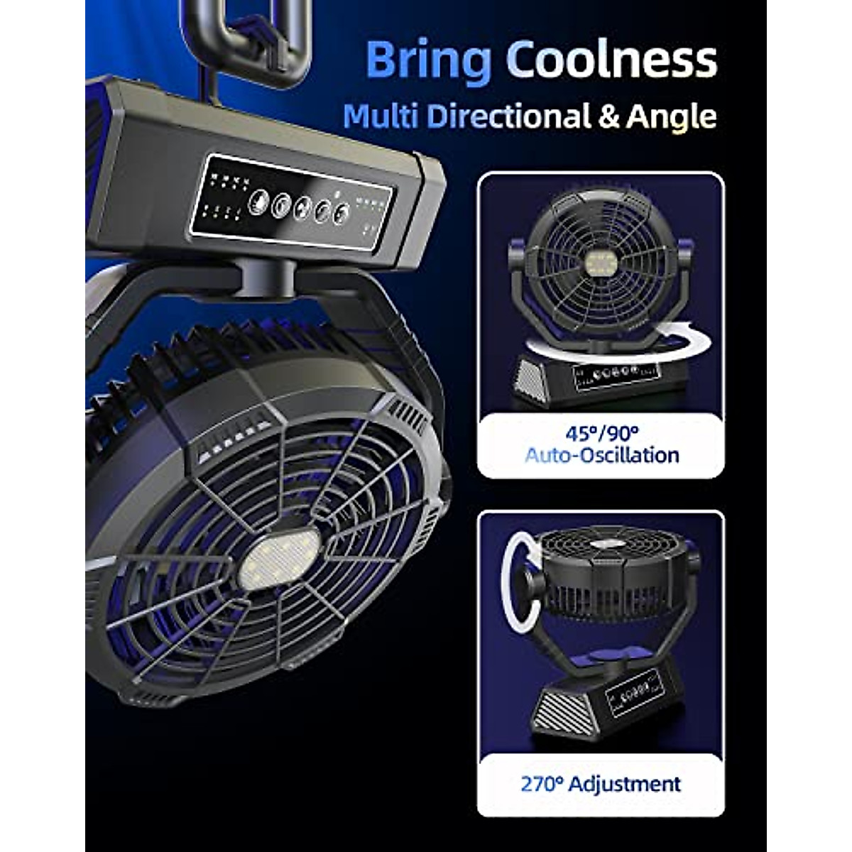 Portable Rechargeable Fan - 20000mAh 9-Inch Battery Operated Powered Fan(60Hrs) - Camping Fan with Light & Remote for Tent - USB Table Fan for Travel, Jobsite - 4 Speeds, 4 Timers, Auto-Oscillation