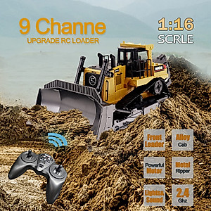 bnam Remote Control Bulldozer RC 1/16 Full Functional Construction Vehicle, 2.4Ghz 9 Channel Dozer Front Loader Toy with Light and Sound for Kids Age 6, 7, 8, 9, 10 and Up Years Old