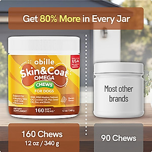 Obille Skin & Coat Omega for Dogs 160 Chews 12oz – Salmon Oil Supplement For Puppies and Large Dogs, Support Shiny Coat, Dry & Itchy Skin Relief, Immune & Heart Health and may reduce Allergy, Shedding