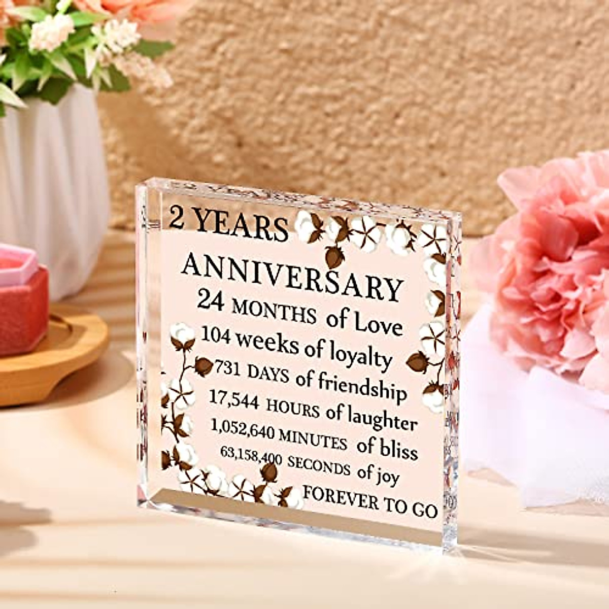 2 Years Anniversary Cotton Flower Drawing Print Gift 2nd Anniversary Wedding Gift Valentine Day Gift Acrylic Paperweight 2nd Marriage Gift for Him Her Wife Husband Lover (Flower Style)