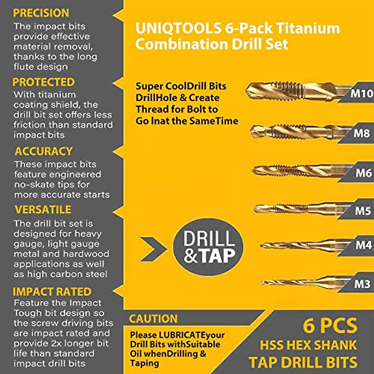 6pcs 1/4 inch Titanium Combination Drill and Tap Bits Set Screw Tapping Bit Tool for Tapping Metric (M3-M10) Drilling Tapping and Countersinking HSS4341 Steel