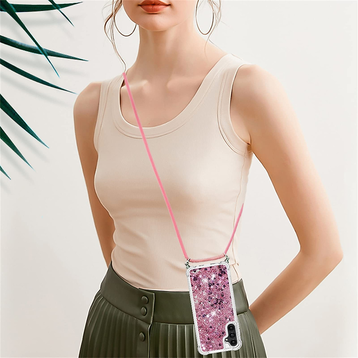 Ephoou Glitter Case for Samsung Galaxy A14 with Adjustable Lanyard Neck Strap, Sparkle Transparent Quicksand Waterfall Soft TPU Liquid Cover for Samsung Galaxy A14 4G/ 5G LSGS-Rose Gold