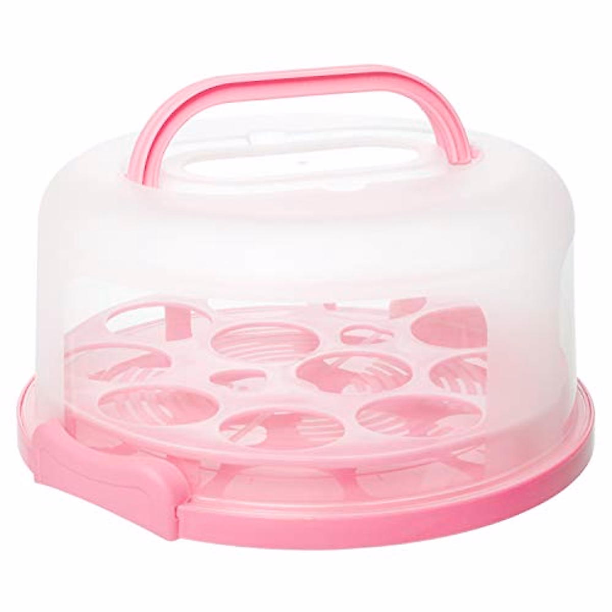 Red Co. 11 inch Cake & Cupcake Muffin Carrier Holder with Collapsible Handles, Pink Tray/Clear Lid