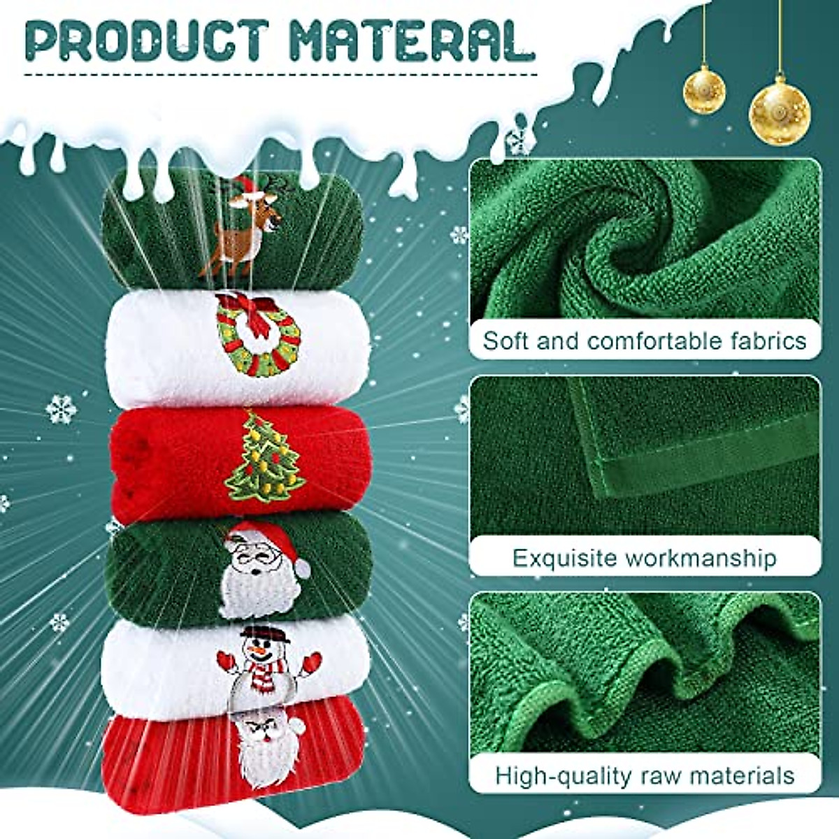 Macarrie 12 Pcs Christmas Hand Towels Christmas Santa Reindeer Snowman Tree Embroidered Bathroom Kitchen Cotton Towels Absorbent Christmas Towels Christmas Washcloths, 13 x 18 Inch (Fresh Style)