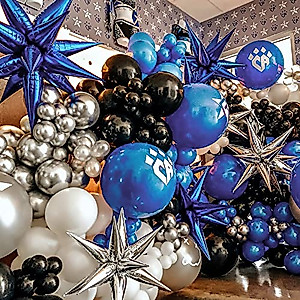 PartyWoo Dark Blue Star Balloons 6 pcs, One-Piece 14-Pointed Starburst Balloons, 27 & 22 inch Star Explosion Balloons with Ribbon, Point Star Foil Balloons, Large Mylar Balloons for Party Decorations