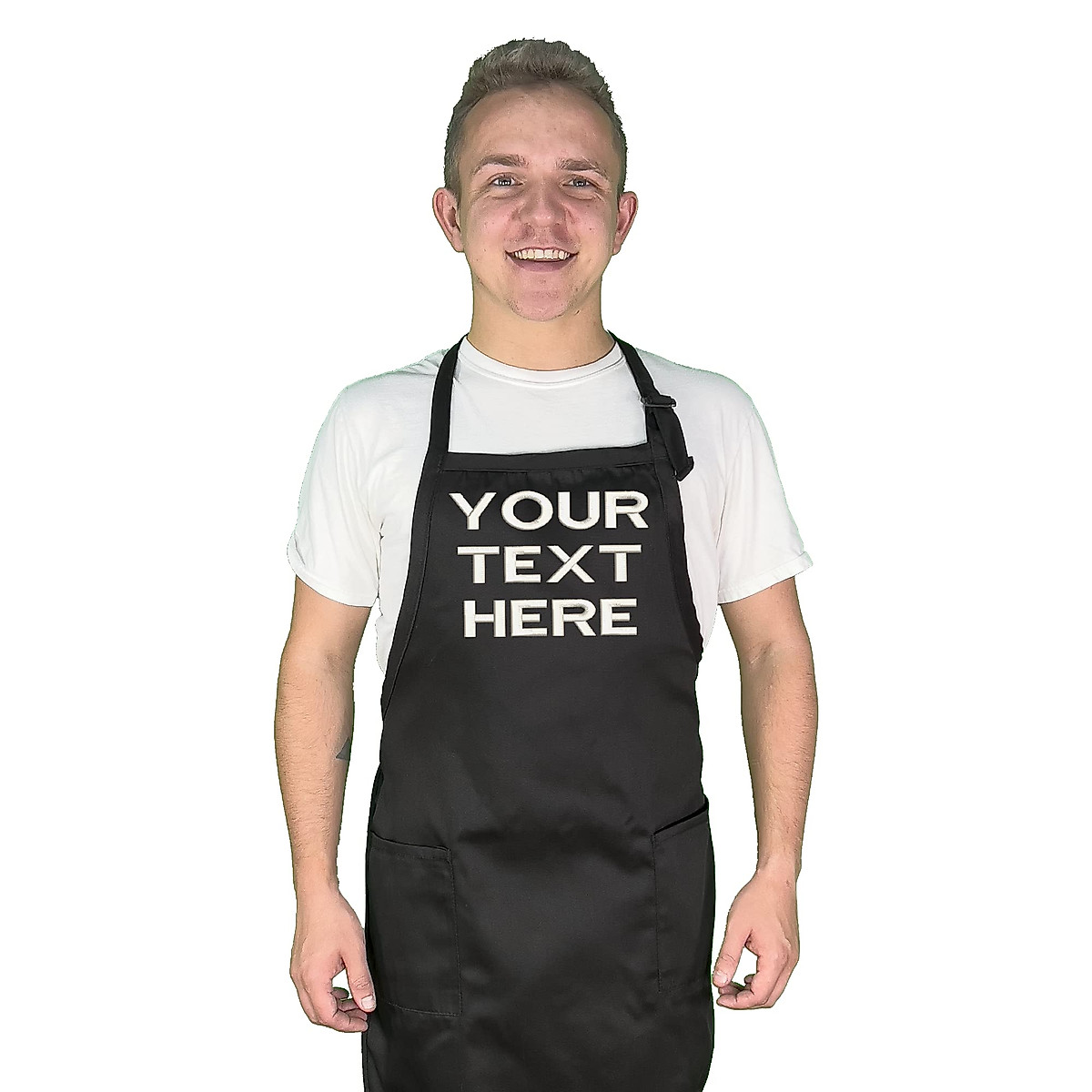 PLACE4PRINT Personalized Chef Apron Embroidered Design - Customized Aprons for Women and Men, Kitchen Chef Apron with 2 Pockets and Long Ties, Adjustable Bib Apron for Cooking, Serving