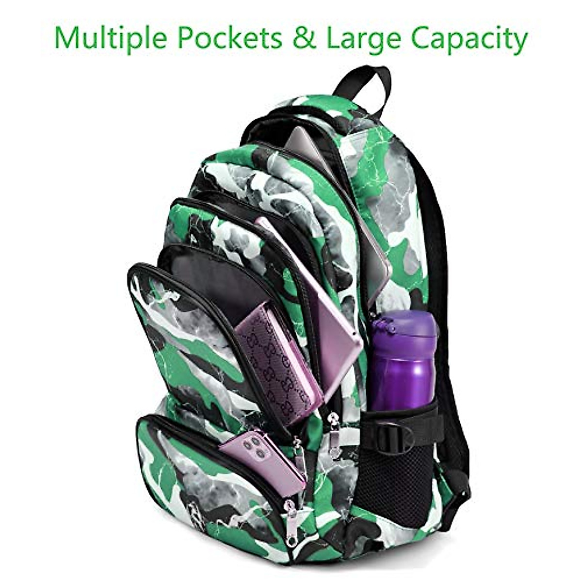Boys School Backpack for Kids Elementary Middle School Bags for Teens Childs Camouflage Primary Book Bags Lightweight Durable Gifts Fourth Fifth Sixth Grade 17 Inch Ages 4.5.6.7.8.9.10 (Green)