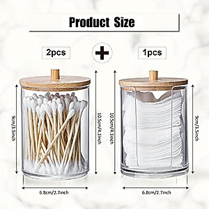 MKLZ 3 Pcs Qtip Holder and Cotton Round Pad Dispenser with Bamboo Lid, Small Clear Acrylic Containers for Cotton Swab/ball, Apothecary Jars Set for Bathroom/Restroom/Vanity/Makeup Storage Organizer