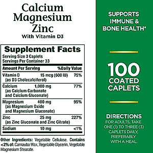 Nature's Bounty Calcium Magnesium Zinc with Vitamin D3 Caplets - 100 Count - Bonus: AM-PM Small Pocket Mini Pill Case