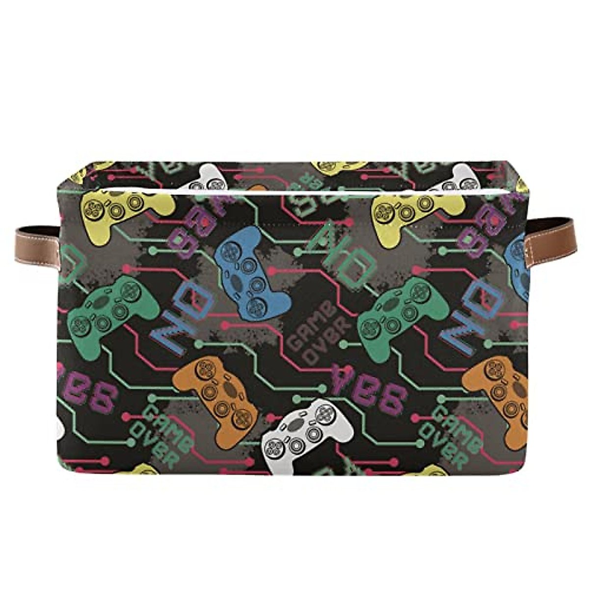 Joysticks Gamepad Grunge Fabric Storage Bin for Organizing Basket for Shelves Closet Nursery Toy Collapsible Storage Cubes Box with Leather Handle