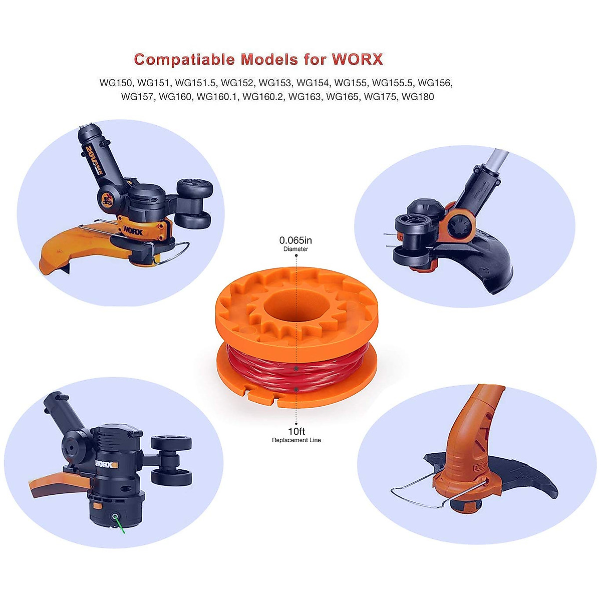 Line String Trimmer Replacement Spool，10ft 0.065" Replacement Autofeed Edger Spool Compatible with Worx WG180 WG163 WG175 WA0010 (13 Pack) Weed Eater String,Weed Wacker Spool Replacement Parts