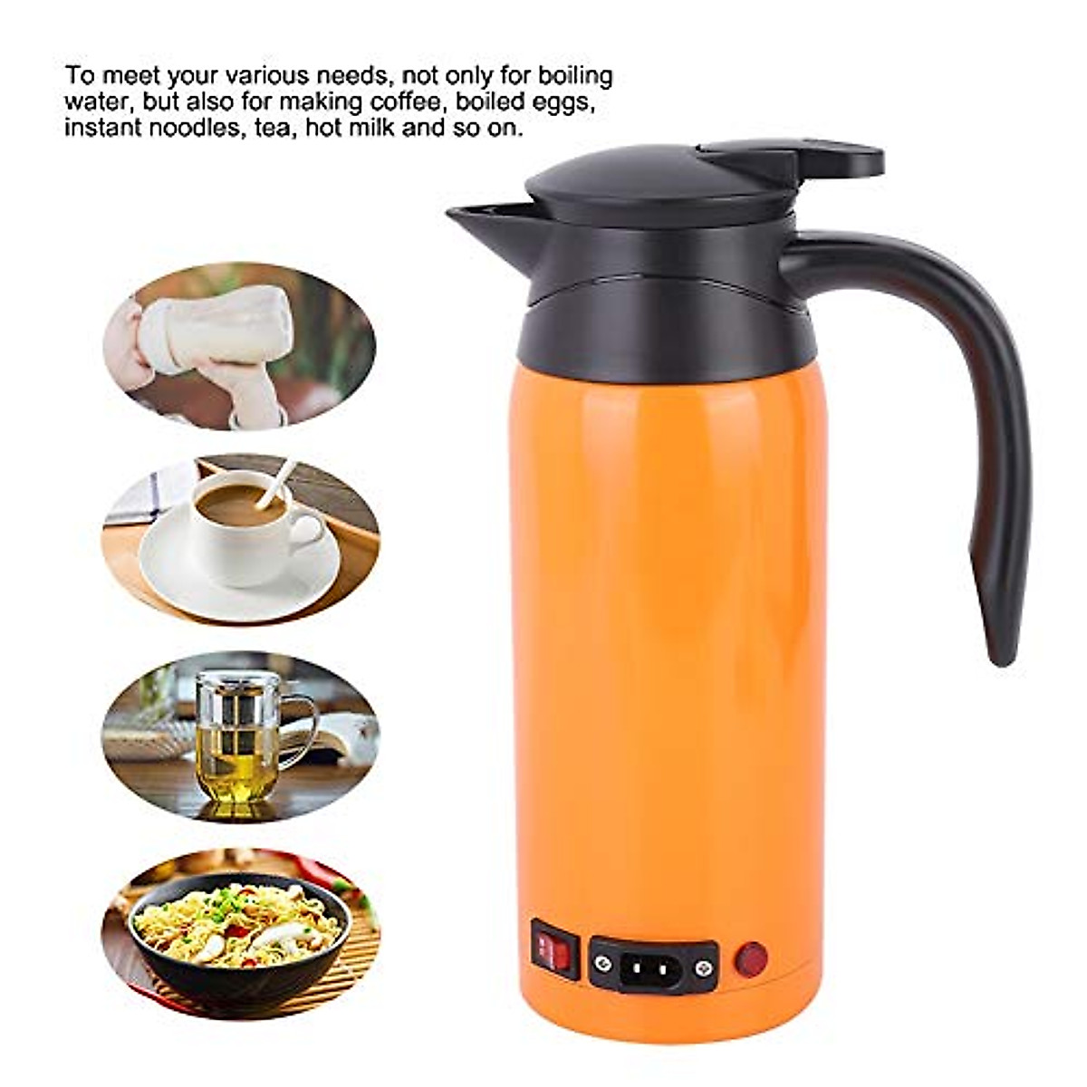 Portable Car Electric Kettle, 800ml 12V 24V Stainless Steel Electric Car Kettle, Heating Cup Coffee Mug Travel Water Bottle Road Trip Travel Cigarette Lighter Heated Water Tea Coffee Kettle (Orange)