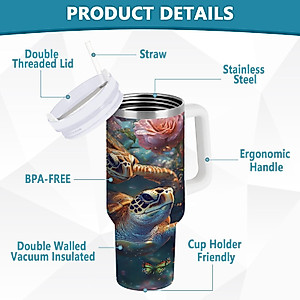 Slewiaeky Tumbler with Handle 40 oz Ocean Turtle Sea Travel Mug with Lid and Straw Butterfly Stainless Steel Vacuum Insulated Water Bottle Cup for Iced Tea Coffee Cold Beverages Cup Holder Friendly
