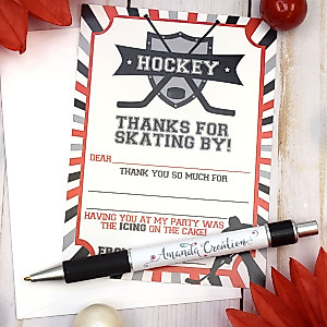 Kids Thank You Cards Black & Red Hockey Birthday Party Thank You Notes, Ten 4" x 5.5" Fill-In The Blank Cards with 10 White Envelopes by AmandaCreation