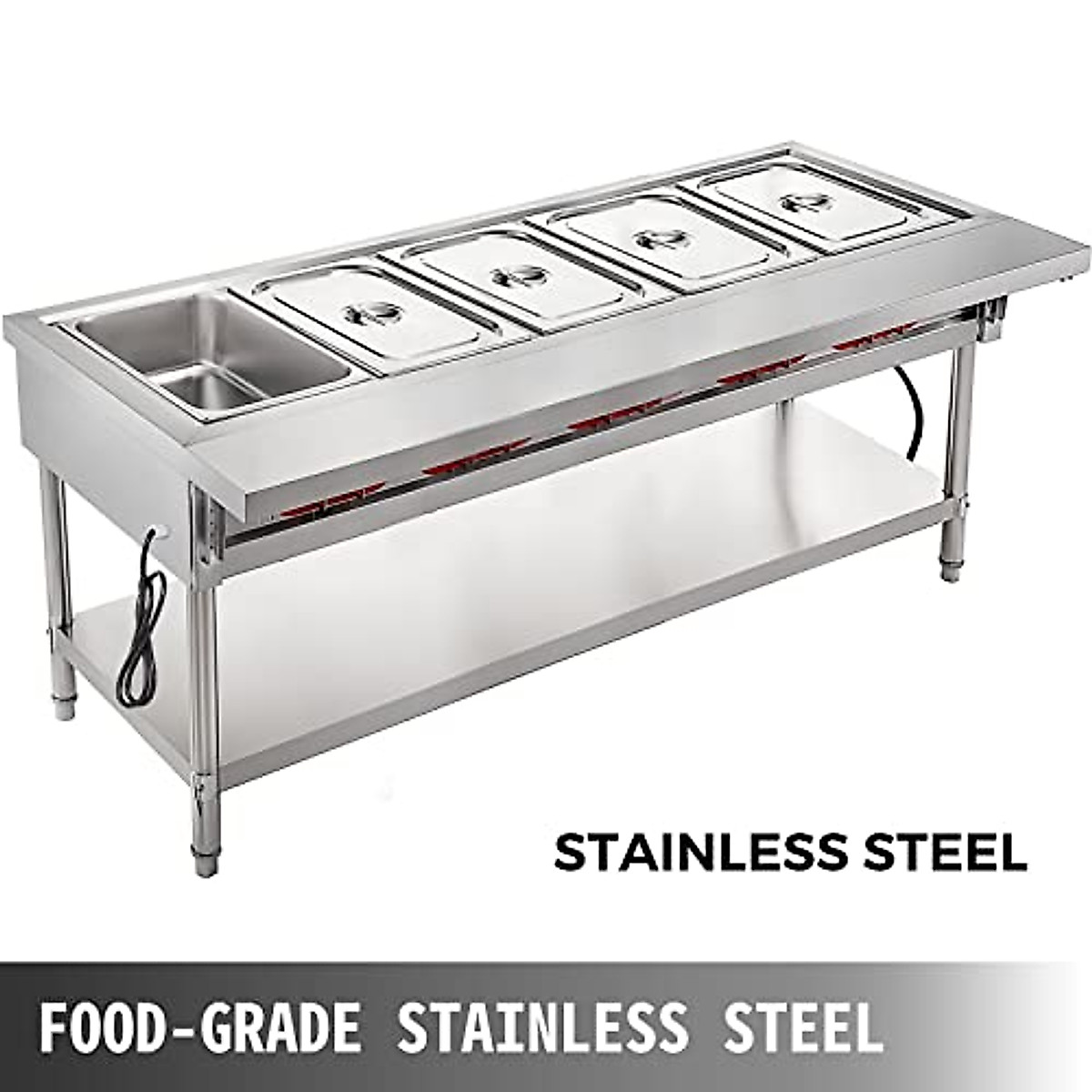 VBENLEM Commercial Electric Food Warmer 5 Pot Steam Table Food Warmer 18 Quart/Pan with Lids with 7 Inch Cutting Board Food Grade Stainless Steel Steam Table Serving Counter 220V 3750W for Restaurant