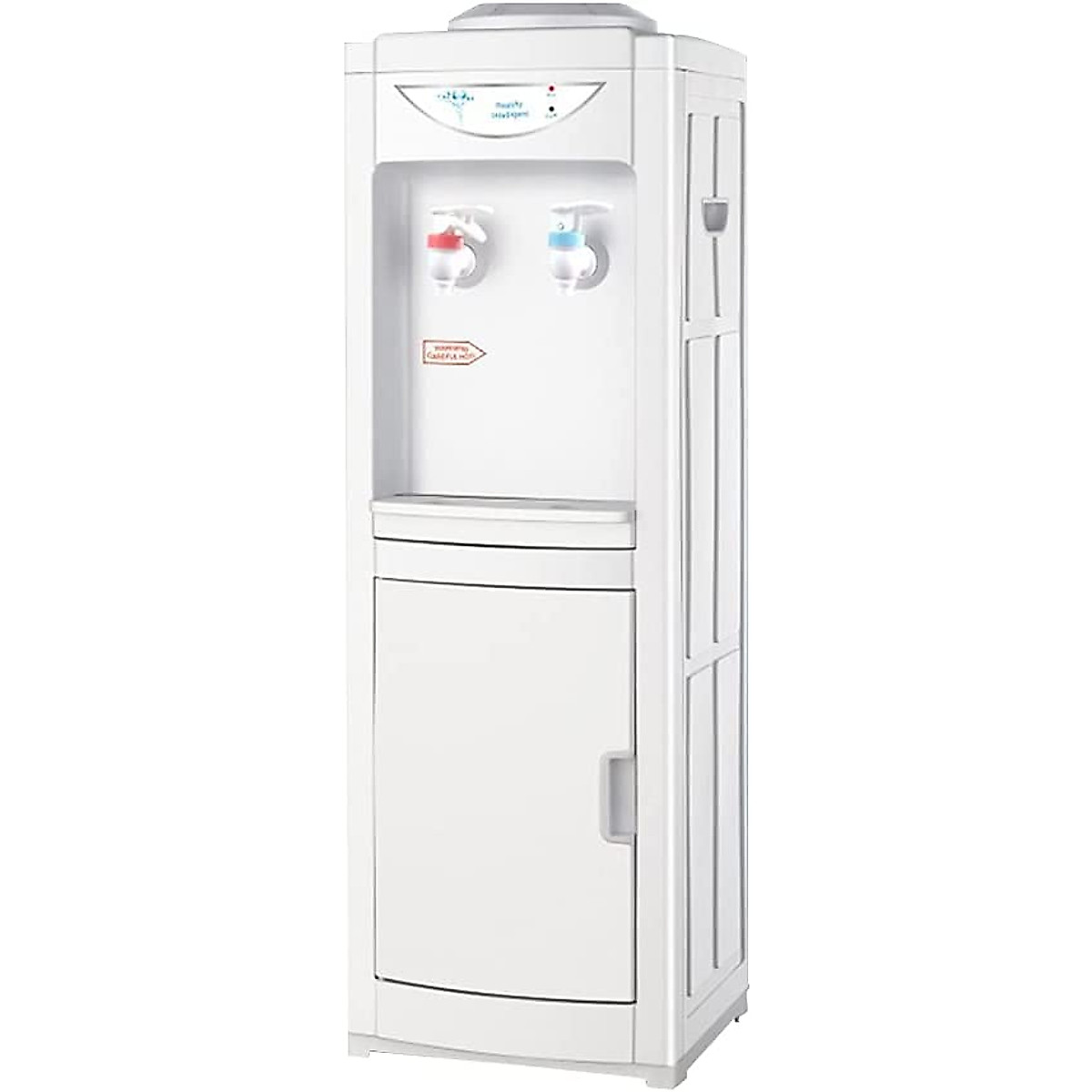 Water Cooler Dispenser 3-5 Gallon Bottles,Top Loading Hot & Cold Water Dispenser, Child Safety Lock Water Cooler for Indoor Home Office Use with Storage Cabinet, White