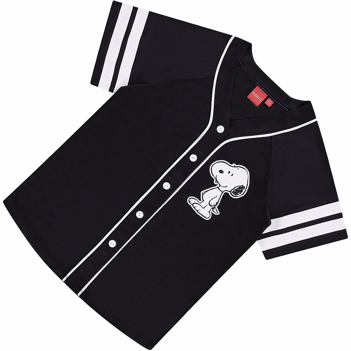 Peanuts Ladies Snoopy Baseball Jersey Snoopy Charlie Brown, Woodstock, Linus Mesh Button Down Baseball Jersey (Black, Large)