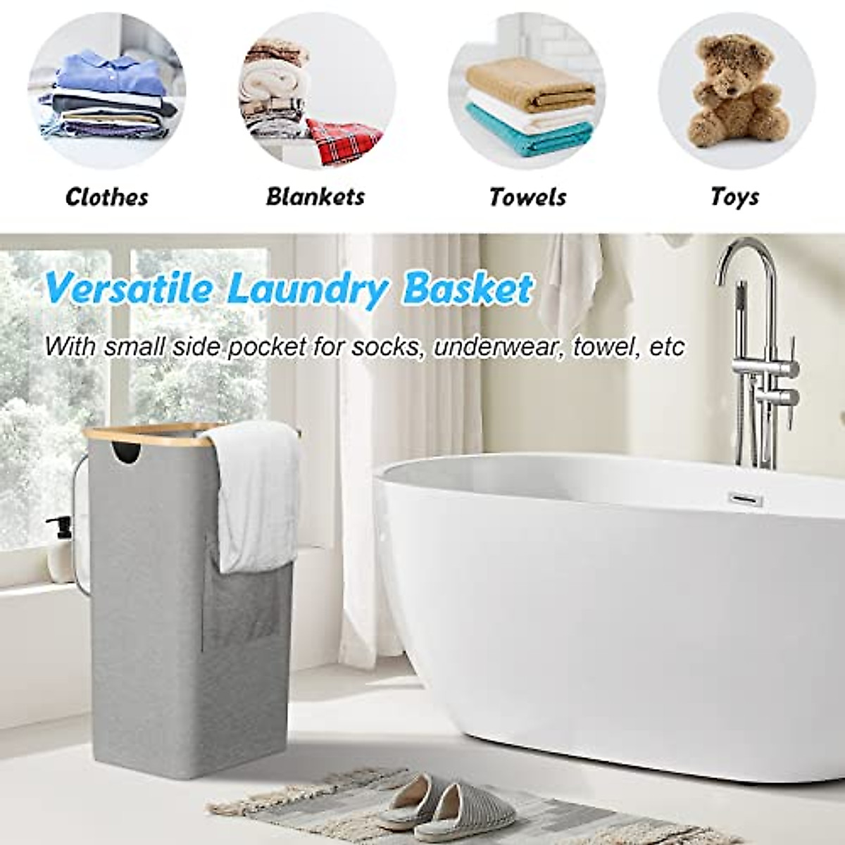 GLCONN Tall Laundry Basket with Lid, Inner Bag - 105L Large Laundry Hamper Bathroom Clothes Basket - Collapsible Storage Bin Grey Basket for Clothes, Toys, Dorm, Living Room, Bedroom Organizer