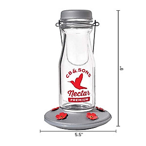 More Birds Jersey Hummingbird Feeder, Glass Milk Bottle Hummingbird Feeder for Outdoors, 5 Feeding Stations, 18 Ounces