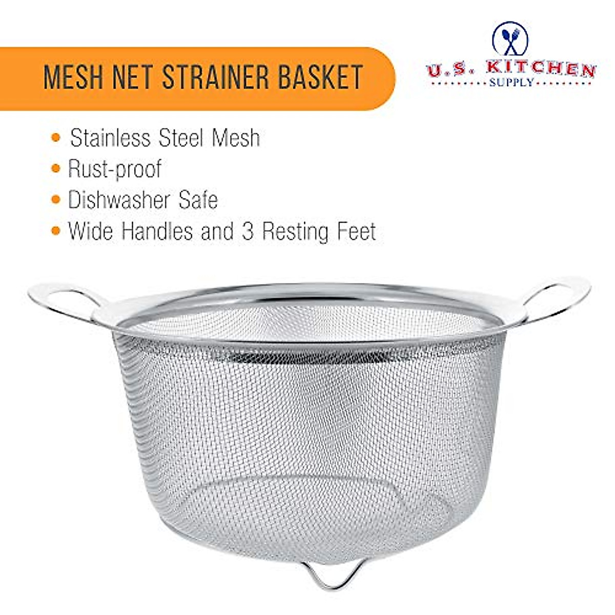 U.S. Kitchen Supply 3 Quart Stainless Steel Mesh Net Strainer Basket with a Wide Rim, Resting Feet and Handles - Colander to Strain, Rinse, Fry, Steam or Cook Vegetables & Pasta