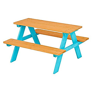 Teamson Kids Picnic Table, Kids Outdoor Table with Built-in Benches, Natural/Aqua