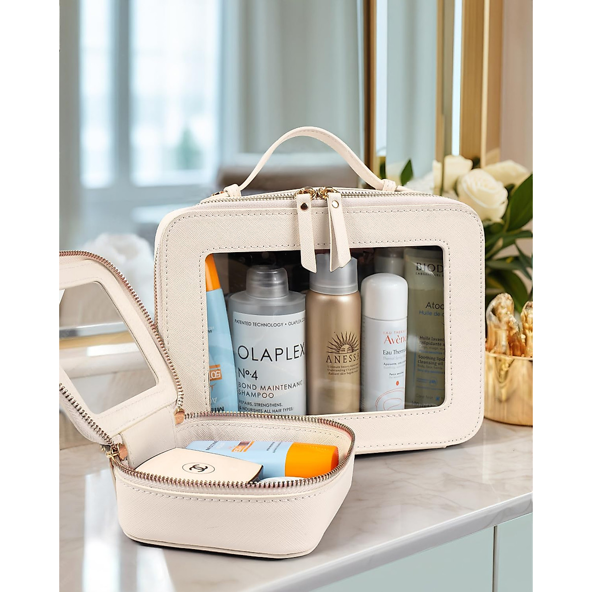 LETGO Clear Makeup Bags Set - TSA Approved Toiletry Bag with Handle Large Opening, Clear Toiletry Bags Case Pouch for Traveling Travel Car Orangizer Storage Essentials(Mini+Large Beige)