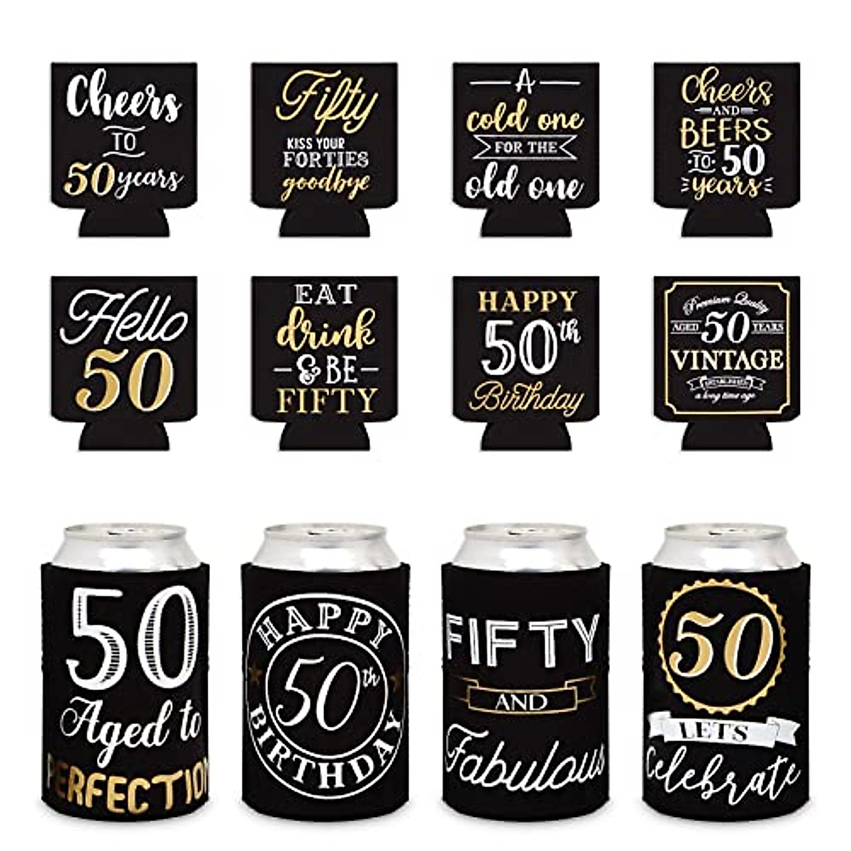 12-Pack 50 and Fabulous Birthday Decorations and Supplies for Women and Men, Black and Gold Insulated Neoprene Can Cooler Sleeve Party Favor for 12 oz Soda, Beer, Beverages (2.5x4 in)