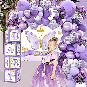 Purple Butterfly Baby Shower Decorations for Girl，Purple Balloon Garland Arch Kit，Purple Butterfly Baby Boxes and Butterfly Backdrop Kit for Baby Shower Butterfly Birthday Lavender Party Decorations