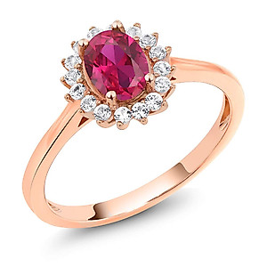Gem Stone King 10K Rose Gold Red Created Ruby and White Created Sapphire Engagement Ring For Women (1.14 Cttw, Oval, Available in size 5, 6, 7, 8, 9)