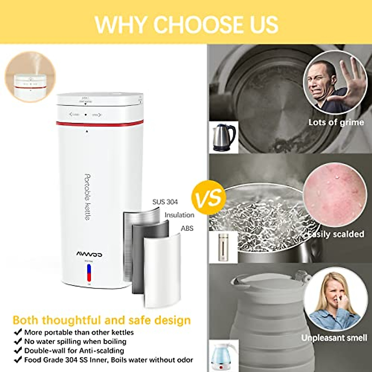 AVWOO Travel Electric Kettle, Portable Electric Kettle, Water Boiler for Travel, Small Electric Kettle Stainless Steel with Boil Dry Protection, Keep Warm, BPA Free, Child Lock - Larger Capacity