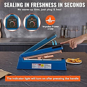 VEVOR Impulse Sealer12inch,Manual Heat Seal Machine with Adjustable Heating Mode,ABS Shrink Wrap Bag Sealers for Plastic Mylar PE PP Bags,Portable Poly Bag Sealing Machine with Extra Replace Kit, Blue