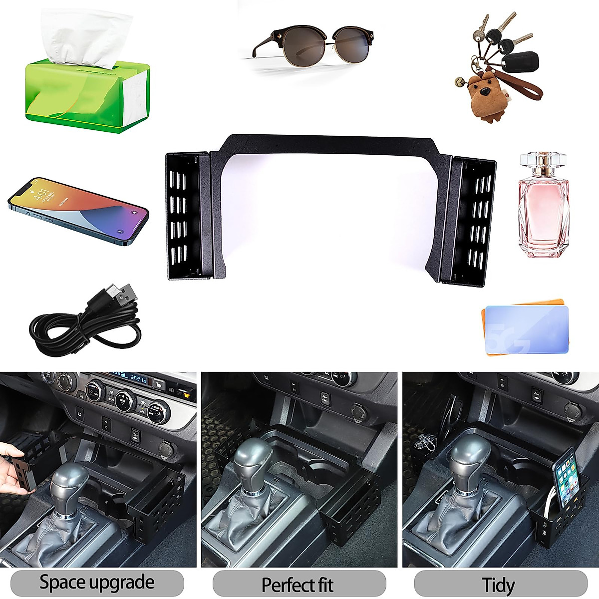 Lcojicep Central Control Storage Box Compatible with Tacoma 2016-2022 Central Control Side Storage Box Gear Shifter Console Organizer Tray，Interior Organizer Accessories