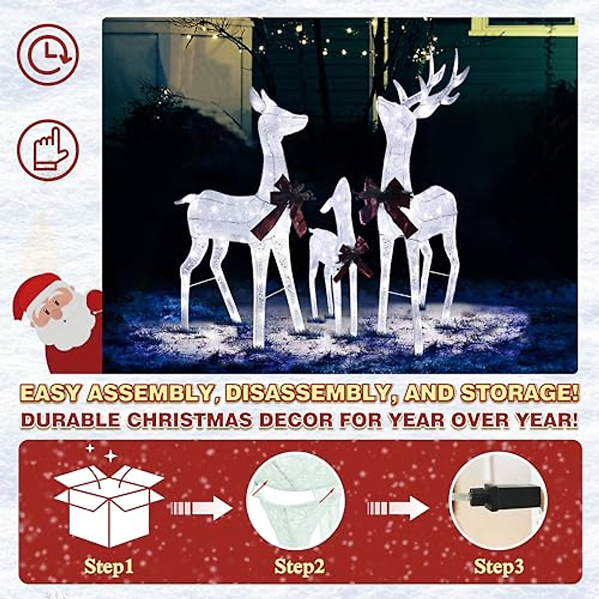 MUPATER Outdoor Christmas Decoration Lighted Deer Family Set Indoor, Christmas Holiday Yard Decor 3-Piece Moose Set for Lawn and Party with Lights, Ground Stakes and Zip Ties, White