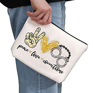 G2TUP Police Officer Gift Peace Love Corrections Makeup Bag Correctional Officer Cosmetic Bag New Police Officer Graduation Gift Zipper Travel Bag (Peace Love Corrections White Bag)