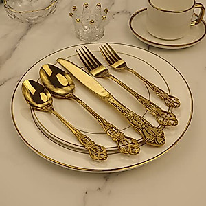 Runfly Gorgeous Retro Royal Gold Stainless Steel 20 Pieces Flatware Set, Golden Silverware Set, Anti-rust Stainless Steel Gold Cutlery Set Utensils Including Fork Spoon and Knife
