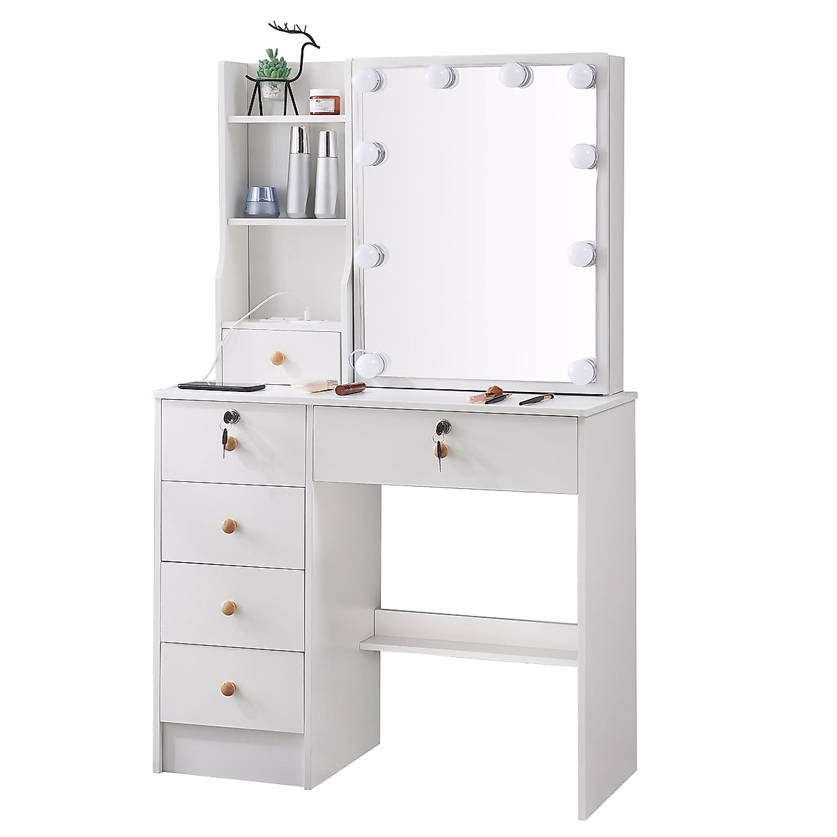 Makeup Vanity Dressing Table with Drawers and Lighted Mirror, White Vanity Set Dresser Desk and Cushioned Stool (US1905)