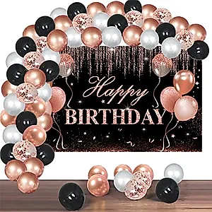 Rose Gold and Black Happy Birthday Banner Decorations with Confetti Balloon Arch Garland, Happy Birthday Backdrop Balloons Kit Party Supplies for Girls Women, 16th 21st 30th 40th 50th 60th Bday Photo Booth Decor