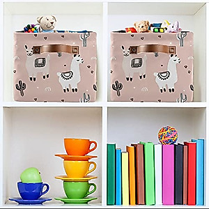 Cartoon Llama Alpaca Cactus Storage Bin Canvas Toys Storage Basket Bin Large Storage Cube Box Collapsible with Handles for Home Office Bedroom Closet Shelves,2 pcs