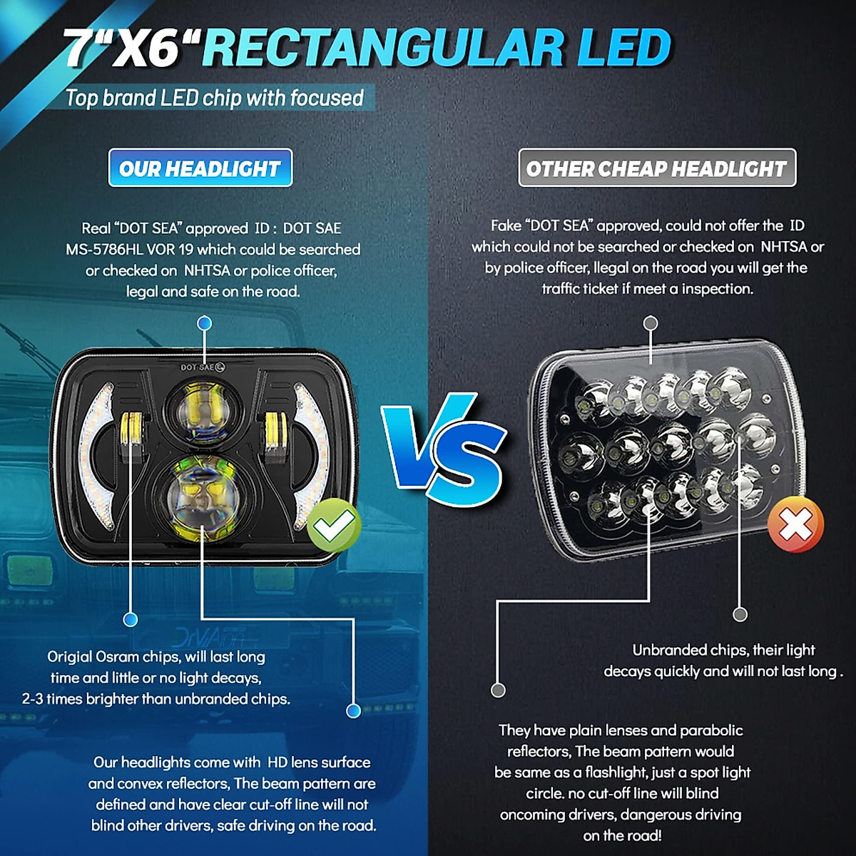 5x7 LED Headlight,JHLion Anti-glare H6054 5x7 7x6 Led Headlights,180W DOT Approved 600% Brighter w/DRL Amber Turn Signal Hi/Low Sealed Beam Compatible with Jeep Cherokee XJ Wrangler YJ GMC Comanche MJ