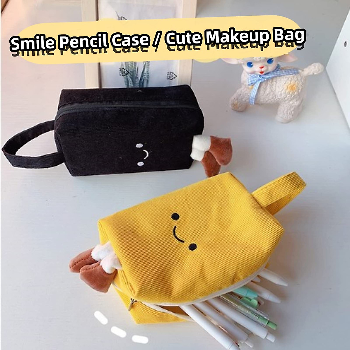 Funnytek Smile Pencil Pouch - Large Capacity Kawaii Pencil Case Soft Corduroy Cosmetic Bag Durable Pencil Bag, Cute Travel Makeup Bag, Stationary Organizer Pouch Women Handbags (Yellow)