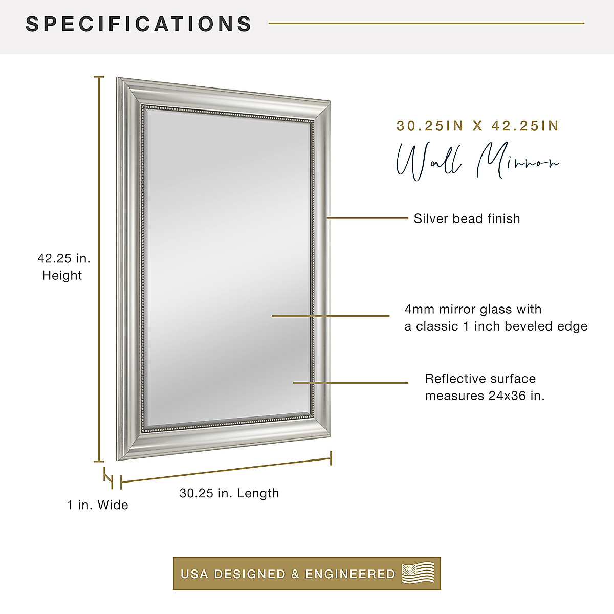 MCS 24x36 Inch Beaded Rectangular Wall Mirror, 30.25x42.25 Inch Overall Size, Silver (20454)