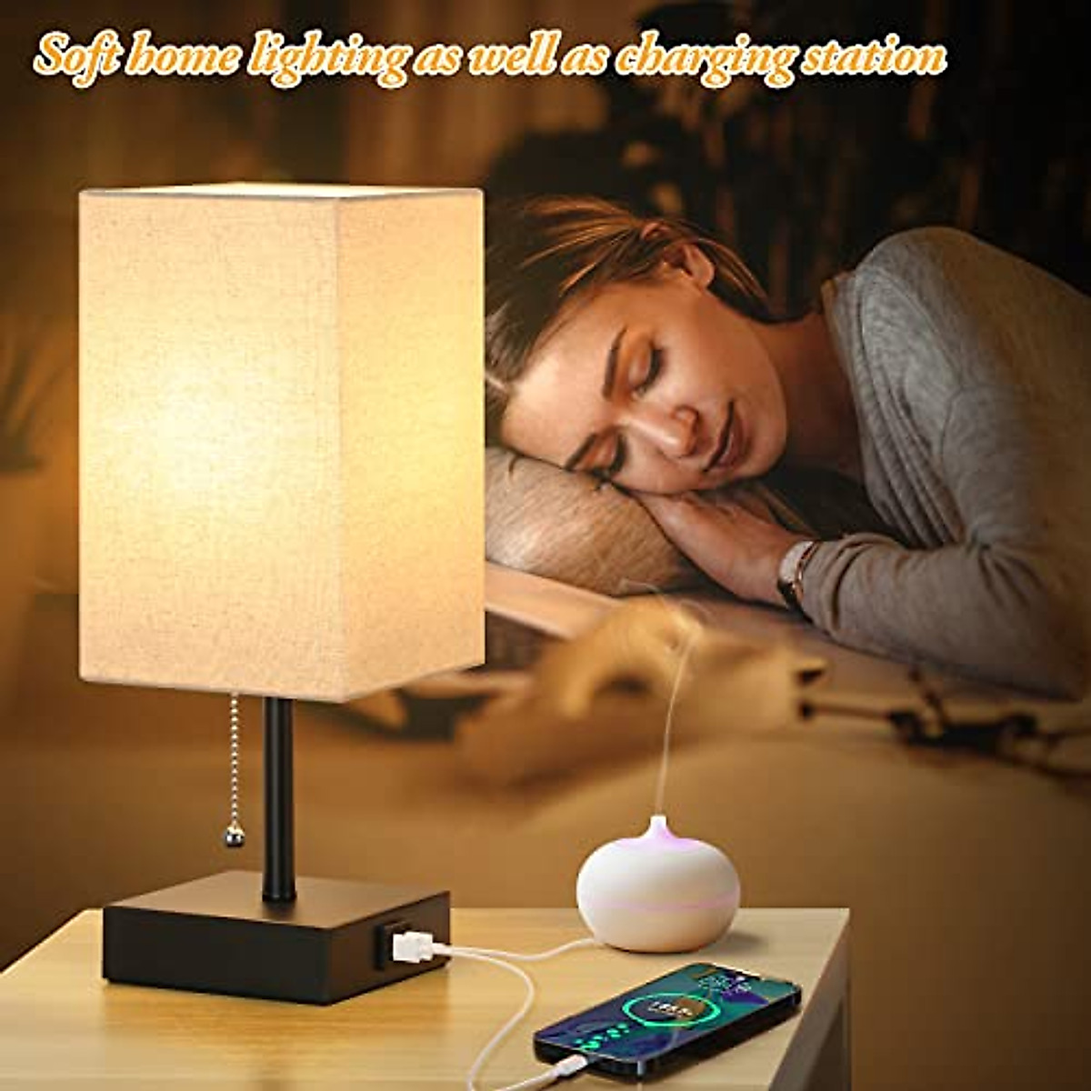 BesLowe Bedside Lamps with USB Charging Ports, Table Lamps Set of 2, Nightstand Lamps, Minimalist Modern with Pull Chain Switch and Beige Fabric Shade for Bedroom Living Room Home Office Kid’s Room