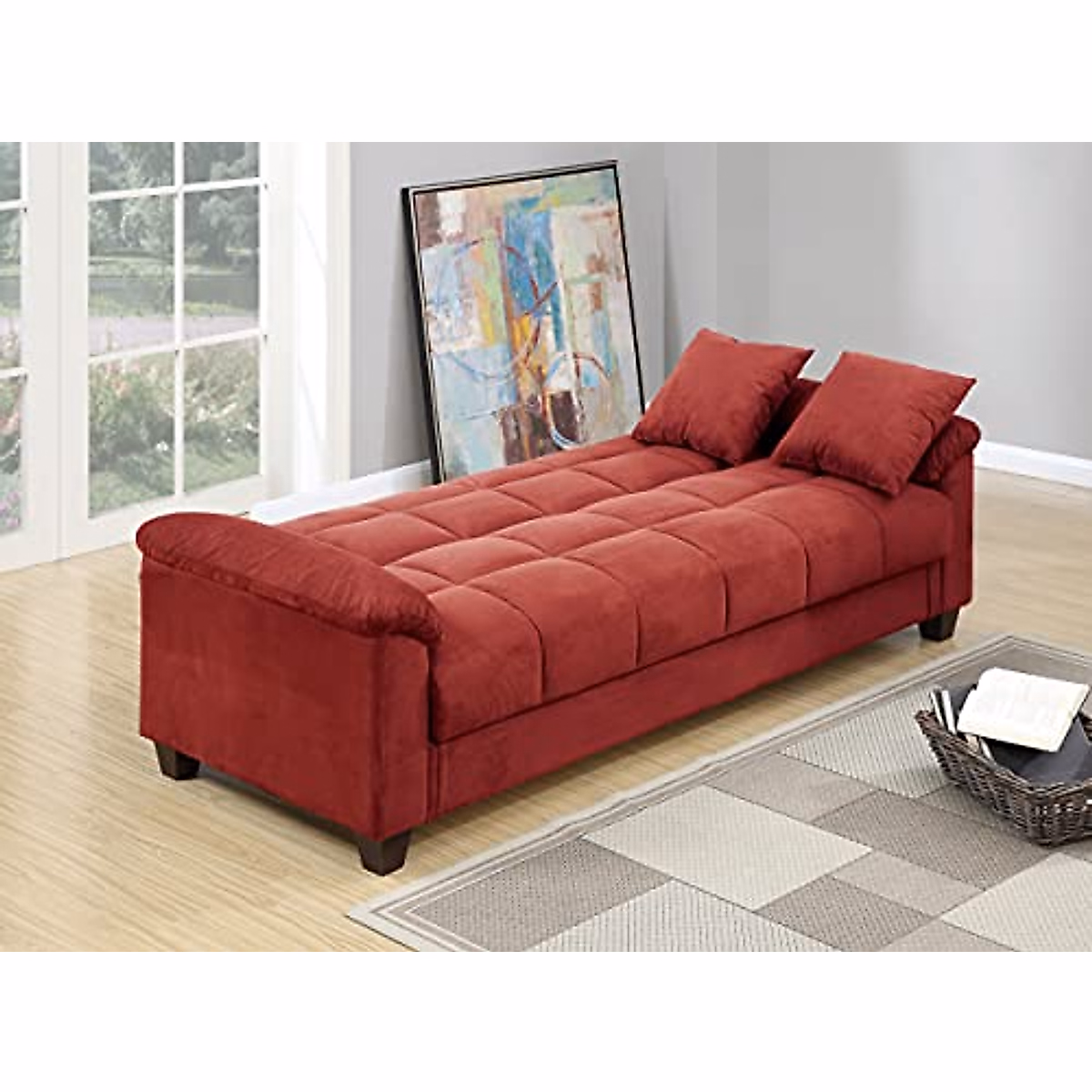TONAUA Contemporary Living Room Adjustable Sofa Red Color Microfiber Plush Storage Couch 1pc Futon Sofa w Pillows