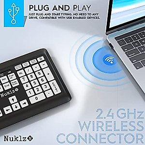 Nuklz N Magnus 325 | Wireless Large Print Full Size Computer Keyboard | High Contrast Black & White Keys | Soft Buttons | Ideal for Visually Impaired, Beginners and Seniors | Plug & Play