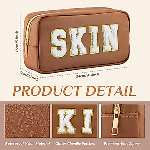 Cunno 4 Pcs Preppy Makeup Bags Chenille Letter Stuff Bag Nylon Cosmetic Pouch Cases with Zipper for Women Travel Toiletry(Brown Set,Vivid)