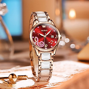 OLEVS Women's Watch Bracelet Designer Fashion Watch Ceramic Note Rose Gold Luxury 3ATM Date Waterproof Luminous Wine Red Dial Valentine's Day Present Quartz